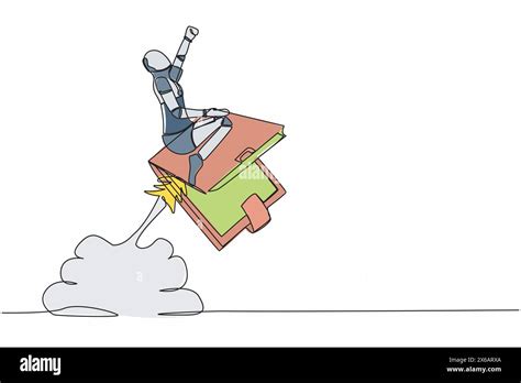 Continuous One Line Drawing Robot Riding Wallet Rocket Flying In The