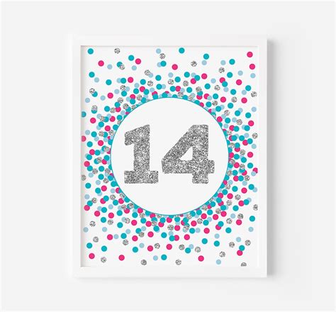 Number 14 Sign Printable Turquoise Pink And Silver 14th Birthday Decorations Number 14 Print Etsy