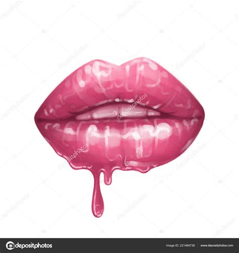 Realistic Lips With Flowing Glossy Lipsticks In Pink Color — Stock