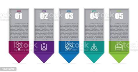 5 개의 다채로운 직사각형 요소 얇은 줄 그림 포인터 및 텍스트 상자 5 단계 연속 화살표 비즈니스 모델의 개념 최신 인포그래픽 디자인 템플릿 5가지 개체에 대한 스톡 벡터