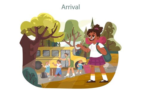 Llegada Al Campamento De Verano Nueva Aventura Feliz Chica Con Mochila