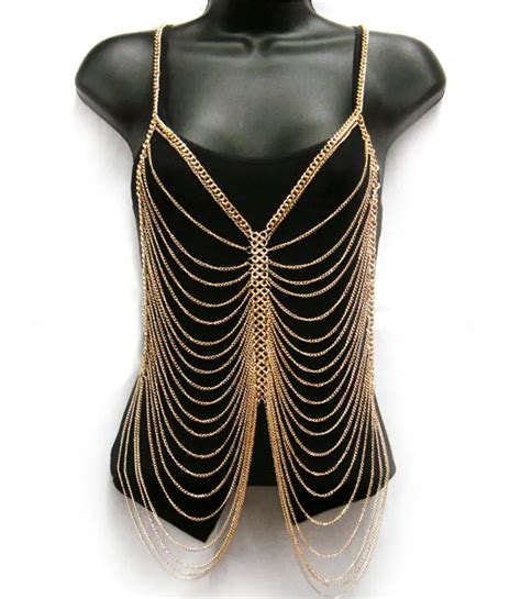 Free Shipping Long Layered Gold Chain Vest Draping Bib Necklace Harness