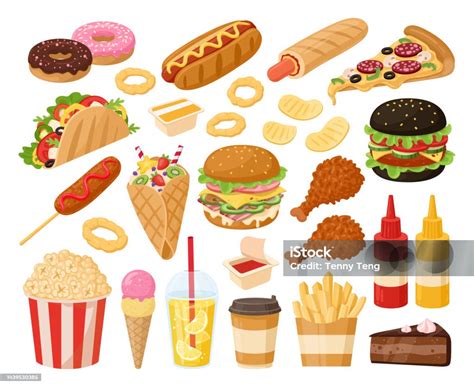 만화 패스트 푸드 햄버거 피자 핫도그 레모네이드 정크 푸드 초콜릿 밀크 쉐이크 과자 및 소다 팝 음료 평면 벡터 일러스트 세트