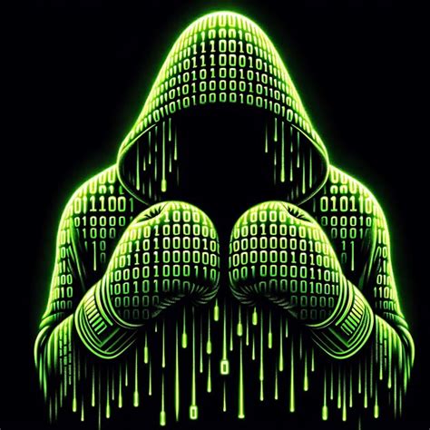 Cyber Boxer In Digital Matrix Green Hooded Figure With Binary Code
