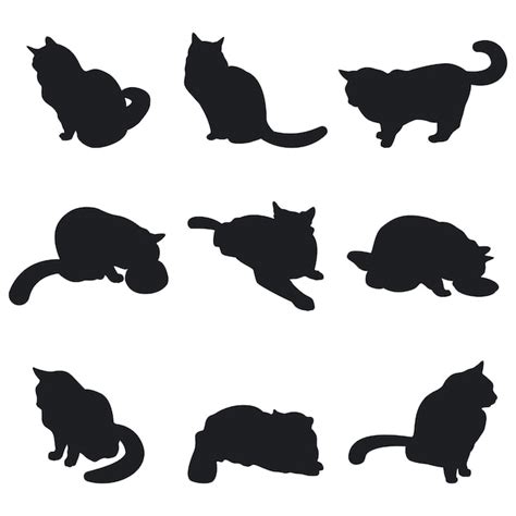Gatos Silueta Negra Mascota Conjunto Aislado Sobre Fondo Blanco