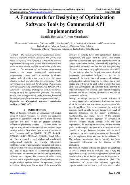 A Framework For Designing Of Optimization Software Tools By Commercial