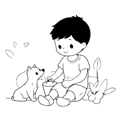Un Niño Lindo Jugando Con Su Perro En El Jardín Vector Premium