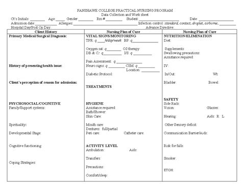 Data Collection Tool Blank Fanshawe College Practical Nursing Program