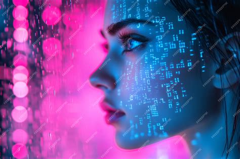 Side View Portrait Of A Skilled Cyberpunk Girl Programmer Against A