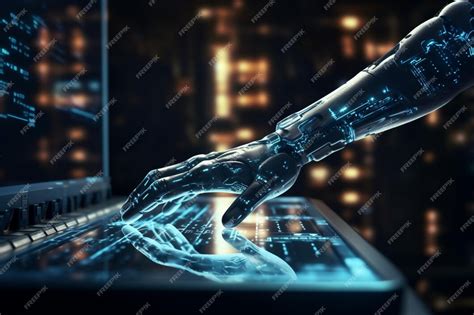 Premium Ai Image Robotic Hands Proficiently Code On A Monitor Highlighting Advanced Automation