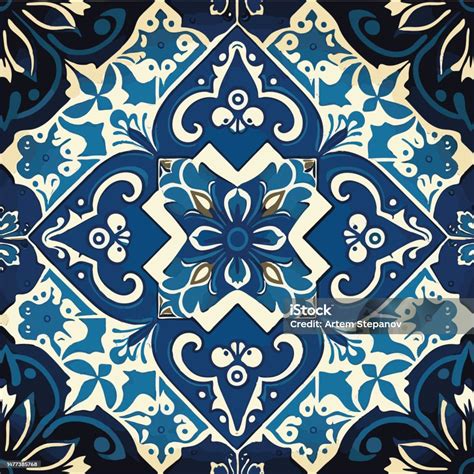 레트로 Azulejo 모자이크 타일 빈티지 포르투갈어 벽 세라믹 원활한 패턴 오래 된 파란색 타일 배경 기하 도형에 대한 스톡
