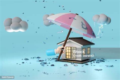 사업가의 손이 우산 구름 빗물 천둥을 들고 있는 3d 하우스는 파란색 배경에 고립되어 있다 보호 및 보안 개념 3d 렌더링 일러스트레이션 3차원 형태에 대한 스톡 사진 및
