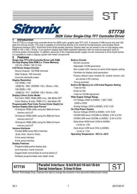 St7735 Datasheet Sitronix Technology 262k Color Single Chip Tft