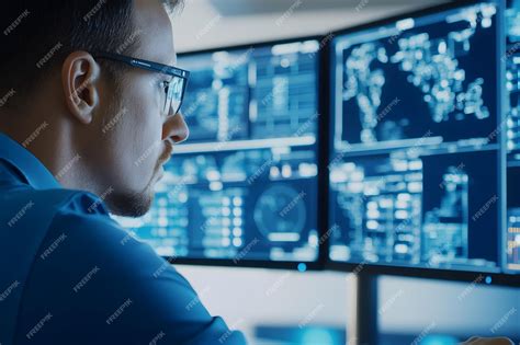 Close Up Photo Of Cybersecurity Analyst Monitoring Network Activity Using Multiple Screens In A