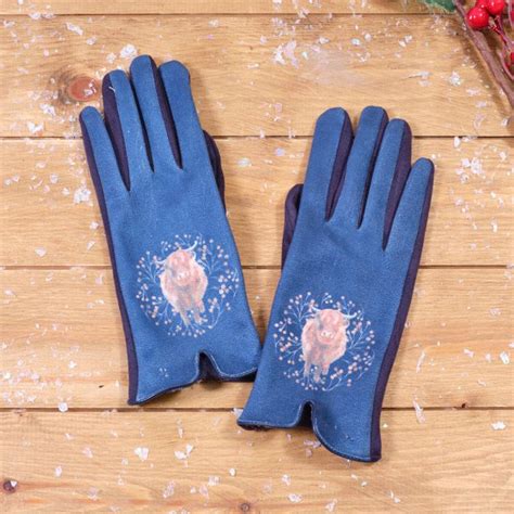 Navy Blue Highland Cow Foliage Gloves Design 24 Ts