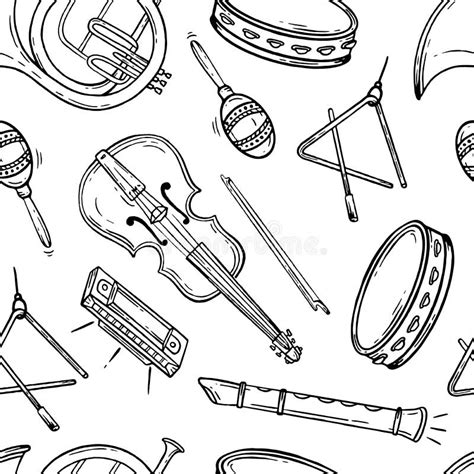 Seamless Pattern Musical Instruments Hand Drawn Vector Black And White Doodle Illustration Stock