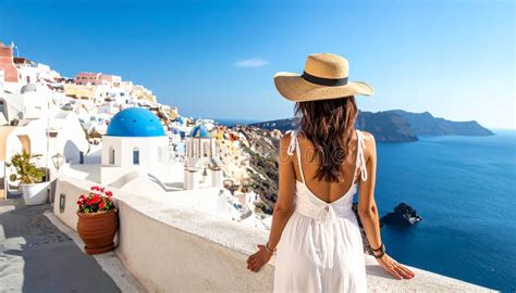 Summer Time And Slim Woman On Terrace In Santorini Rear View Stock