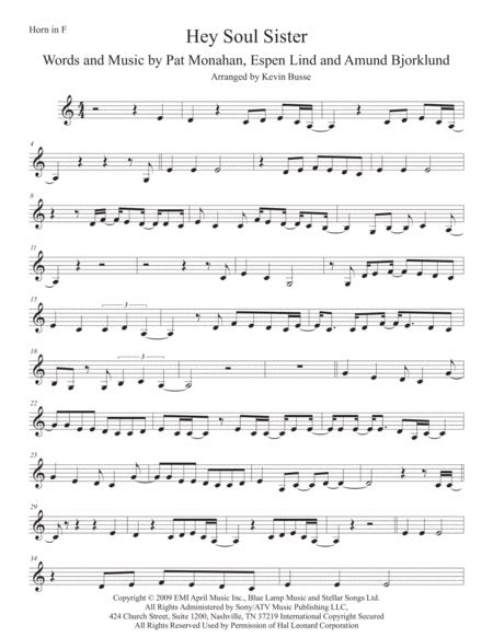 Hey Soul Sister Arr Kevin Busse Sheet Music Train French Horn Solo