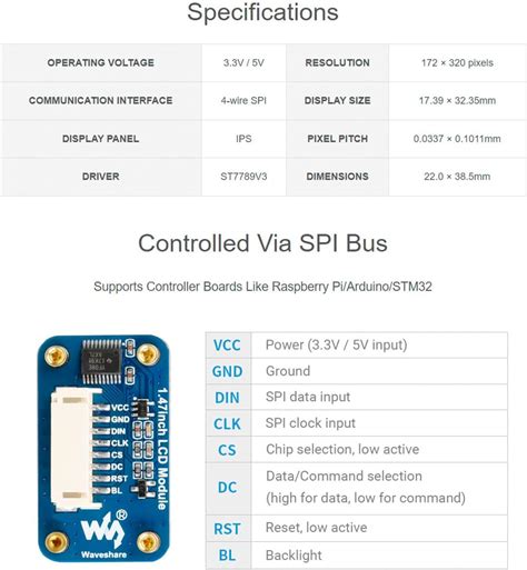 waveshare 1 4 inch lcd display module suitable for raspberry pi arduino stm32 172x320 pixels