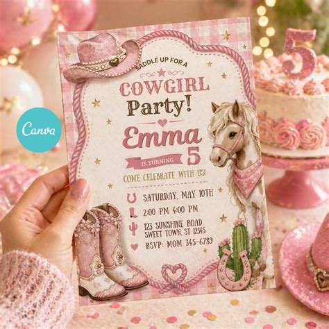Invitación De Cumpleaños De Vaquera Para Niña De 5 Años Invitación