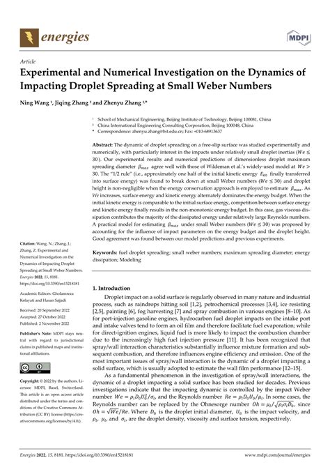 Pdf Experimental And Numerical Investigation On The Dynamics Of Impacting Droplet Spreading At