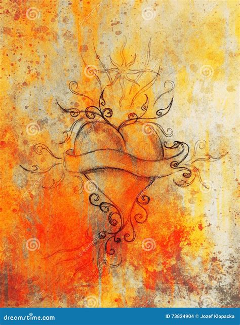 Hart En Lint Met Ornament Originele Tekening Potloodschets Op Papier Kleureneffect Stock