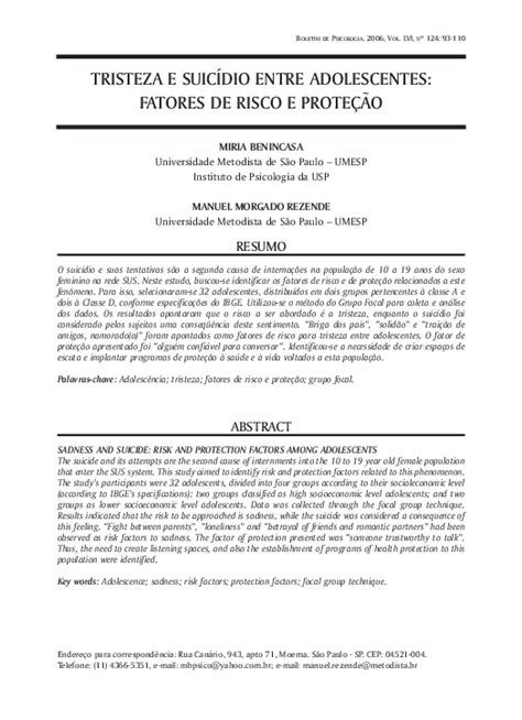 Pdf Tristeza E Suicídio Entre Adolescentes Fatores De Risco E