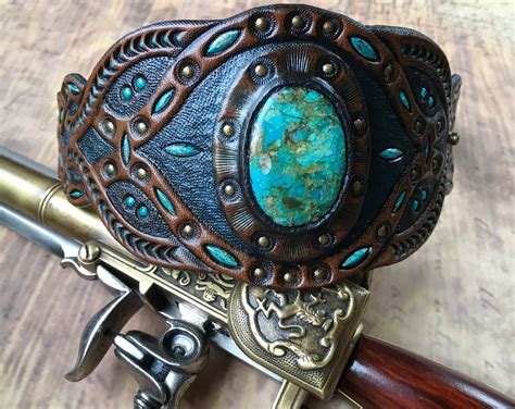 Vintage Looking Hand Tooled Leather Rustic Unisex Cuff Etsy
