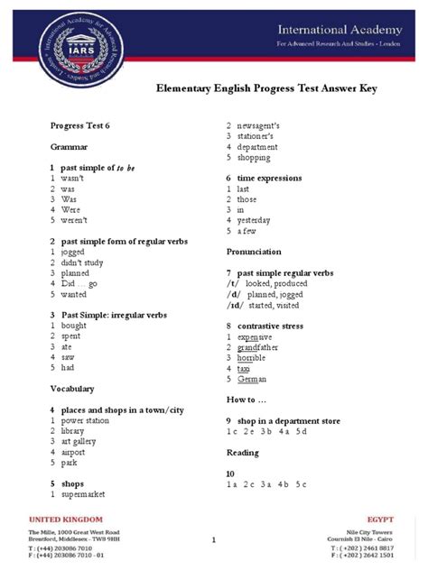 Elementary English Progress Test 6 Answer Key Pdf