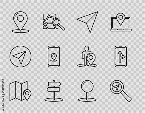 Set Line Folded Map With Location Marker Search Paper Airplane Road Traffic Sign Map Pin