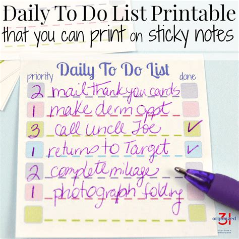 Daily To Do List Printable For Sticky Notes Organized 31