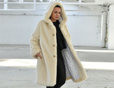 Women Fuzzy Coat Hooded Cream Teddy Coat Fluffy Winter Overcoat Plus