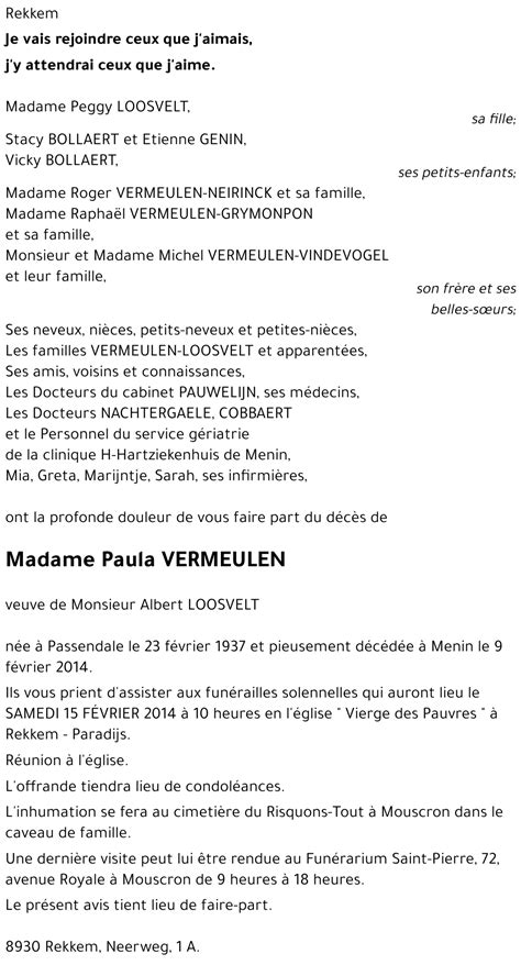 Avis De Décès De Paula Vermeulen Décédé Le 09022014 à Menen Annonce