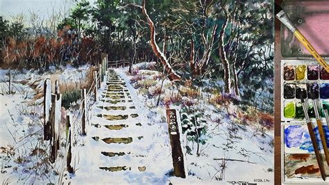 그리기 어려운 사실화 풍경 수채화 그림 그리기 눈 덮인 산과 나무 풍경화 그리기 Youtube