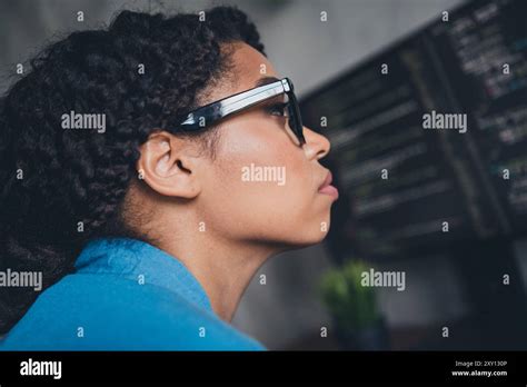 Photo Of Attractive Young Woman Coding Look Monitors Focused Wear Blue