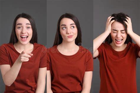 Joven Mujer Que Expresa Diferentes Emociones En El Collage De Fondo