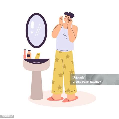 개인 관리 와 남자 캐릭터 거울에 서서 손질 절차 벡터 일러스트 레이 션을 즐긴다 개성 개념에 대한 스톡 벡터 아트 및 기타