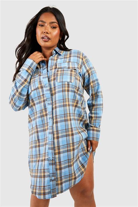Plus Brushed Checked Long Sleeve Shirt Dress Boohoo Uk