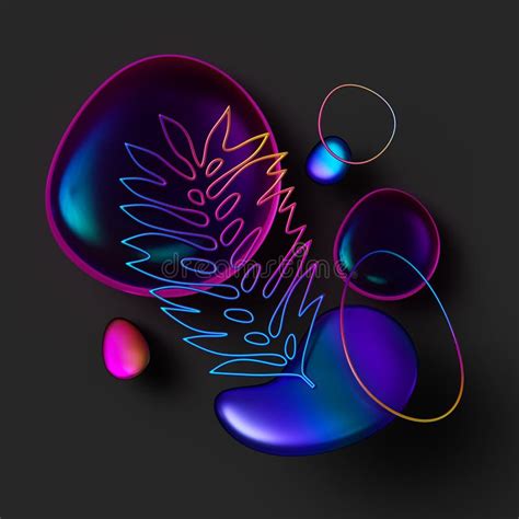 3d Render Abstract Iridescent Glass Shapes Smooth Pebble And Tropical Palm Leaf Trendy