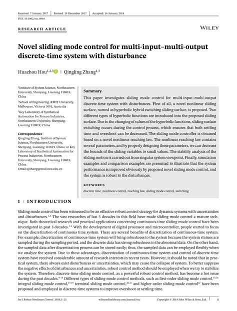 Pdf Novel Sliding Mode Control For Multi Input Multi Output Discrete Time System With Disturbance