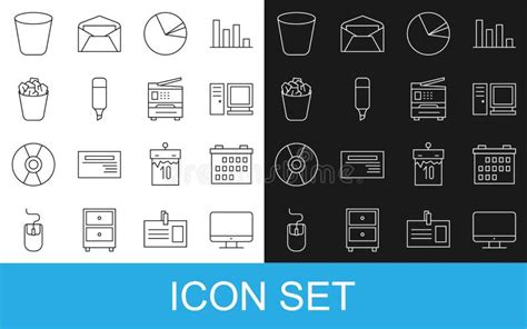 Set Line Computer Monitor Screen Calendar Pie Chart Infographic
