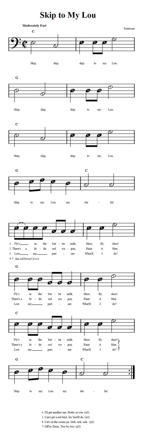 Skip To My Lou Beginner Bass Clef Sheet Music With Chords And Lyrics