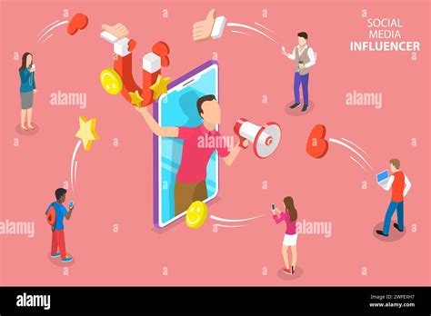 Isometric Flat Vector Concept Of Social Media Influencer Digital Marketing Strategy