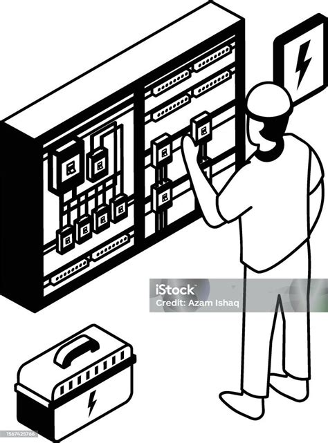 제어 전압 배전반 아이소메트릭 개념 집 또는 사무실의 전압 제어를 위한 핸디맨 배전반 벡터 아이콘 디자인 전기 엔지니어 기호 배선 전문가 기호 개폐 장치에 대한 스톡 벡터