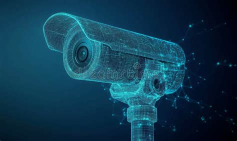 A Low Polygon Cctv Security Camera Wireframe Mesh Displayed On A Blue