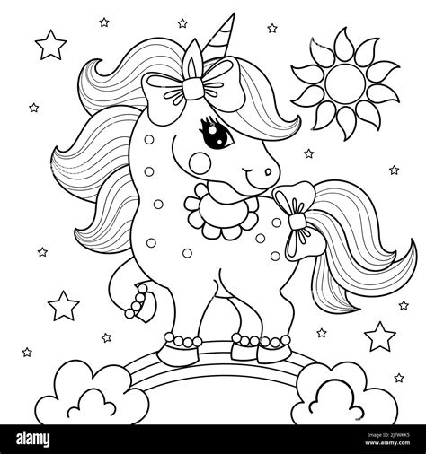 Cute Unicorn On The Rainbow Black And White Linear Drawing Vector