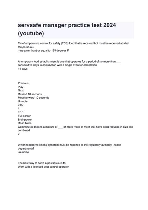 Servsafe Manager Practice Test 2024 Youtube Exam Questions And Answers 2024 2025 A Graded