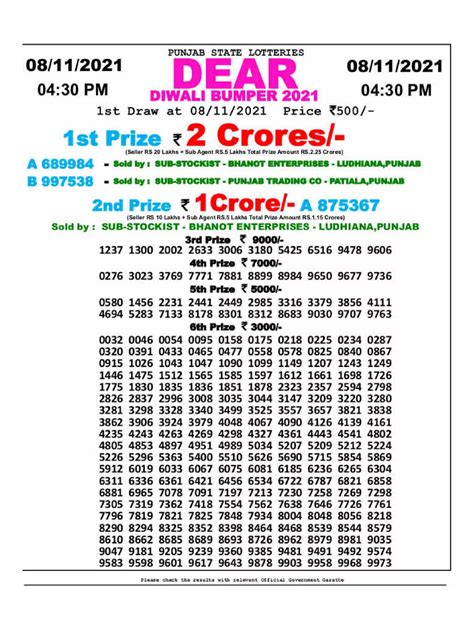 Punjab State Diwali Bumper Lottery Results 2021 Pdf Instapdf