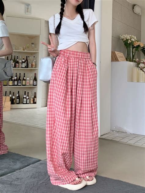 캐주얼 유니크 핑크 체크 패턴 루즈핏 밴딩 롱 팬츠 와이드 핀턱 데일리 힙걸 스트릿 포인트