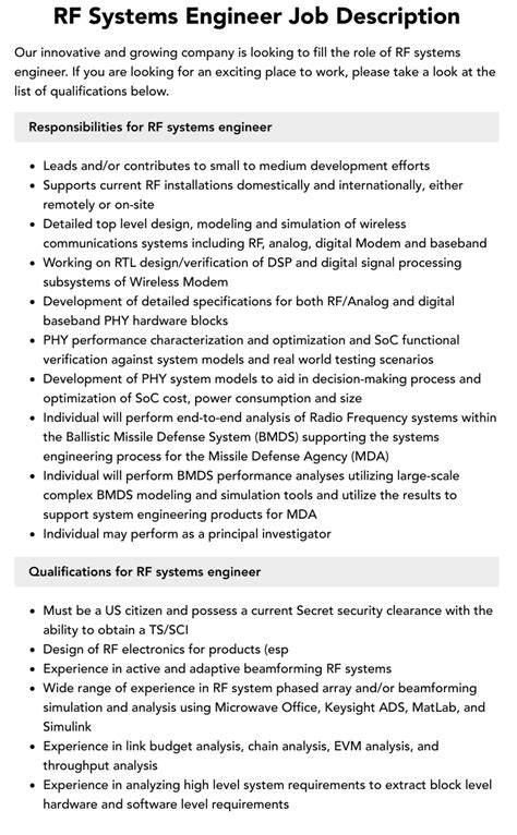 Rf Systems Engineer Job Description Velvet Jobs